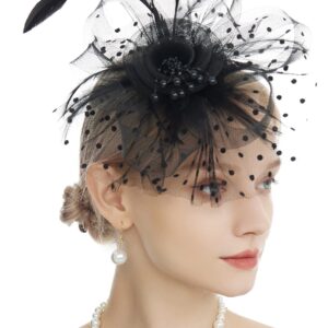 Myjoyday Women's Fascinators, Feathers Tea Party Hat, Veil Headband with Hair Clip for Cocktail Church (Black)