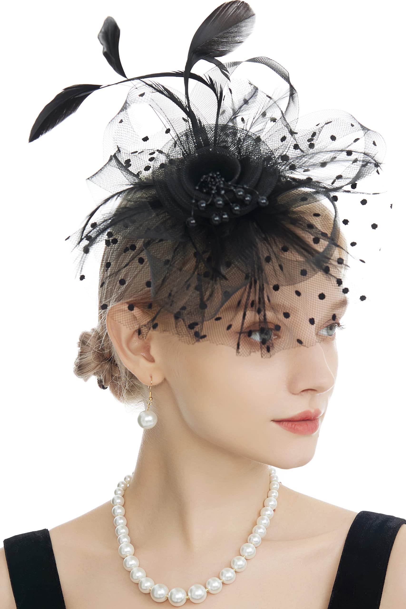 Myjoyday Women's Fascinators, Feathers Tea Party Hat, Veil Headband with Hair Clip for Cocktail Church (Black)