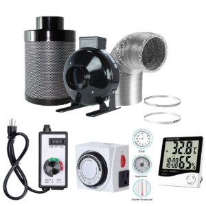 bloomgrow 4'' inline fan carbon filter ducting combo + fan speed controller + 24 hour timer outlet+thermometer ventilation system for grow tent kit (4'')