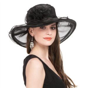 lucky leaf women church cap wide brim summer sun hat for party wedding(hat-new black)