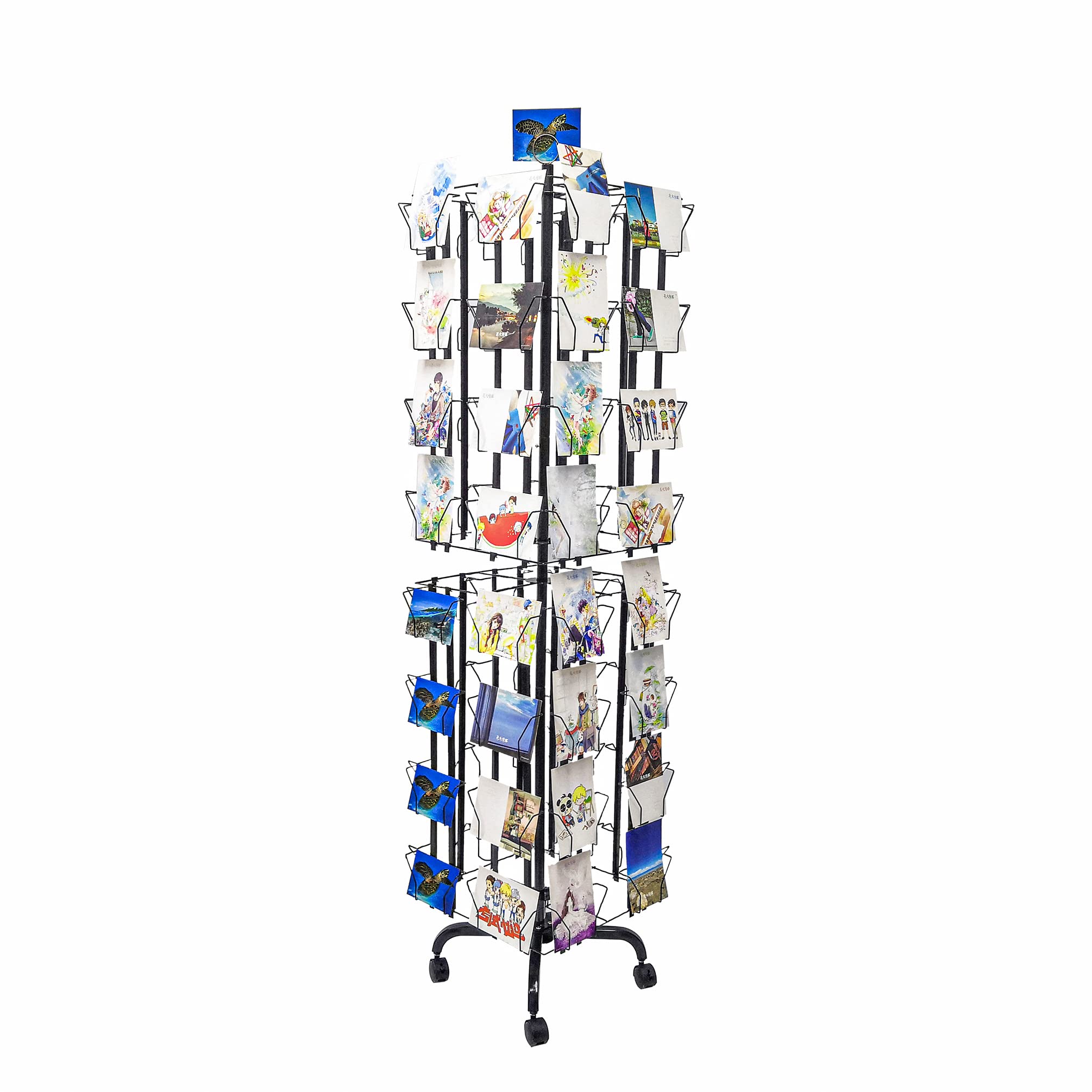 64 Adjustable Pockets Display Rack 5x7 7x5 up to 9.3" Wide X 8" Tall Cards, 1.27" deep Pockets, Double Tier Greeting Post Card Christmas Holiday Spinning Rack Stand Black 11603-M-DOUBLE