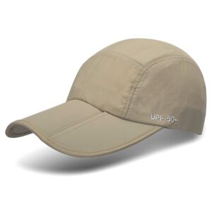 upf 50+ foldable baseball cap sun protection quick dry portable folding hats for men or women, khaki