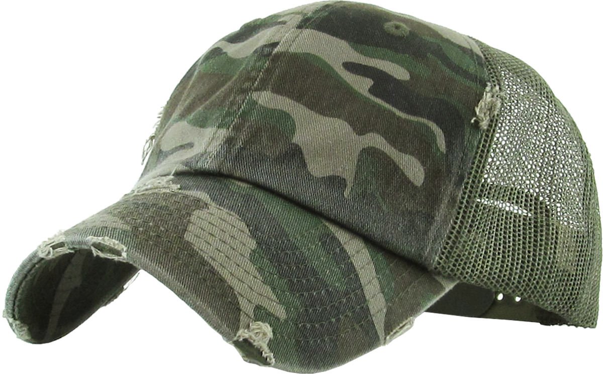 Funky Junque Unconstructed Low Profile Distressed Trucker Hat - Camo