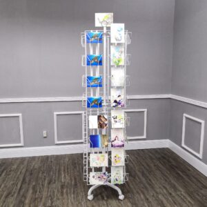 64 Adjustable Pockets Display Rack 5x7 7x5 up to 9.3" Wide X 8" Tall Cards, 1.27" deep Pockets, Double Tier Greeting Post Card Christmas Holiday Spinning Rack Stand White 11603-L-WHT-NF