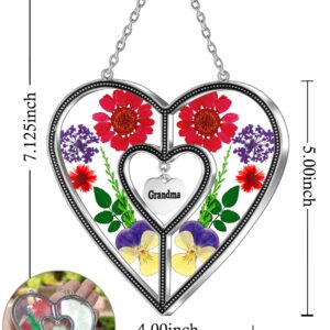 KY&BOSAM Heart Suncatchers Grandma Gift Ornament Stained Glass Sun Catcher Garden hangings Windows with Pressed Flower Heart Embedded in Glass Gifts for Grandma Mother`s Day Birthday Gifts