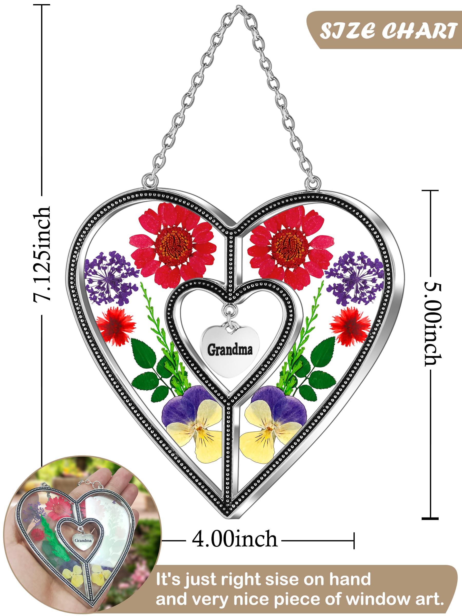 KY&BOSAM Heart Suncatchers Grandma Gift Ornament Stained Glass Sun Catcher Garden hangings Windows with Pressed Flower Heart Embedded in Glass Gifts for Grandma Mother`s Day Birthday Gifts