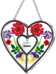 ky&bosam heart suncatchers grandma gift ornament stained glass sun catcher garden hangings windows with pressed flower heart embedded in glass gifts for grandma mother`s day birthday gifts