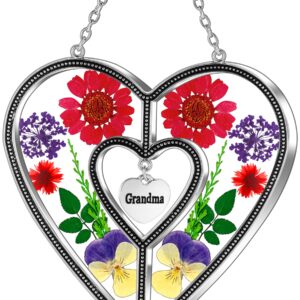 KY&BOSAM Heart Suncatchers Grandma Gift Ornament Stained Glass Sun Catcher Garden hangings Windows with Pressed Flower Heart Embedded in Glass Gifts for Grandma Mother`s Day Birthday Gifts