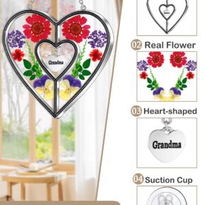 KY&BOSAM Heart Suncatchers Grandma Gift Ornament Stained Glass Sun Catcher Garden hangings Windows with Pressed Flower Heart Embedded in Glass Gifts for Grandma Mother`s Day Birthday Gifts