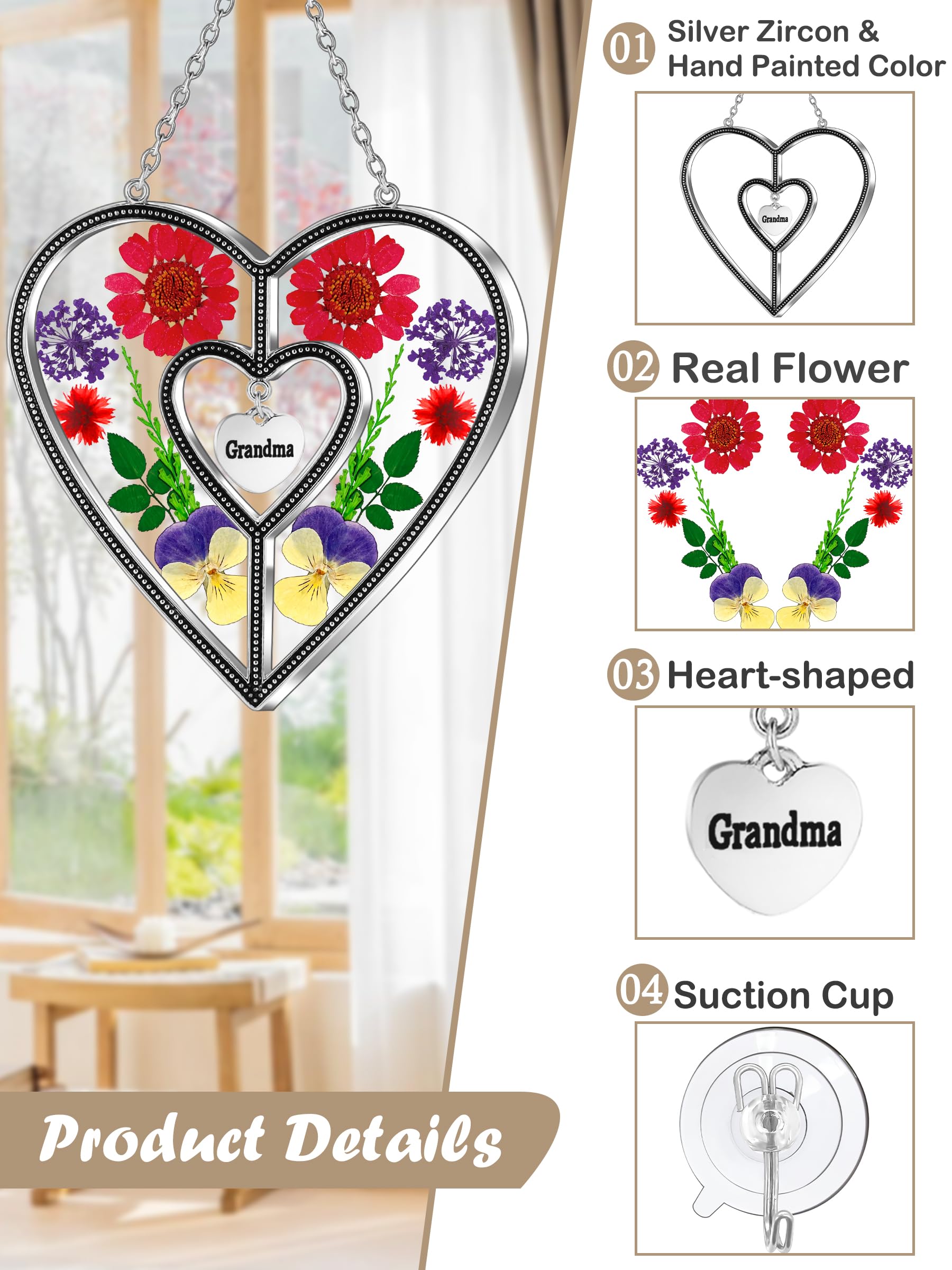 KY&BOSAM Heart Suncatchers Grandma Gift Ornament Stained Glass Sun Catcher Garden hangings Windows with Pressed Flower Heart Embedded in Glass Gifts for Grandma Mother`s Day Birthday Gifts