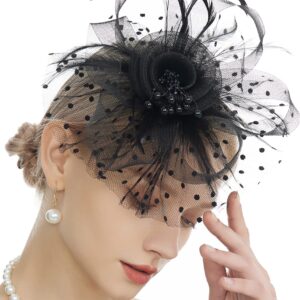 Myjoyday Women's Fascinators, Feathers Tea Party Hat, Veil Headband with Hair Clip for Cocktail Church (Black)