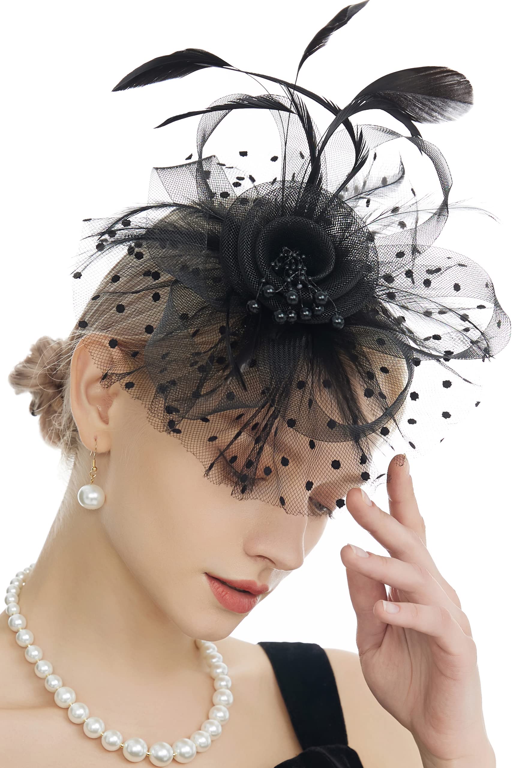 Myjoyday Women's Fascinators, Feathers Tea Party Hat, Veil Headband with Hair Clip for Cocktail Church (Black)