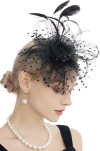 myjoyday women's fascinators, feathers tea party hat, veil headband with hair clip for cocktail church (black)