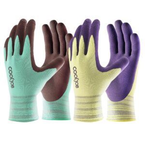 cooljob 2 pairs breathable gardening gloves for women large, stretch soft modal base with non-slip rubber coating, palm dipped grip work gloves for gardener worker in lawn yard factory garden