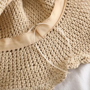 Summer Beach Sun Straw Hats for Women Ladies Wide Brim Lace Bow Floppy Packable Travel Bucket Hats UPF 50+ Crushable UV Fishing Cap Foldable Sun Protection Hat Beige