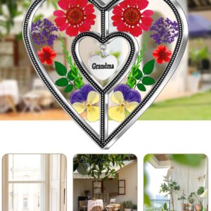 KY&BOSAM Heart Suncatchers Grandma Gift Ornament Stained Glass Sun Catcher Garden hangings Windows with Pressed Flower Heart Embedded in Glass Gifts for Grandma Mother`s Day Birthday Gifts