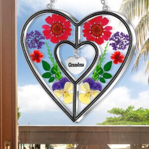 KY&BOSAM Heart Suncatchers Grandma Gift Ornament Stained Glass Sun Catcher Garden hangings Windows with Pressed Flower Heart Embedded in Glass Gifts for Grandma Mother`s Day Birthday Gifts