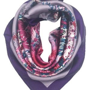 YOUR SMILE Polyester Scarf Women’s Fashion Pattern Purple Flower Large Square Satin Headscarf 35''x35'' (807)