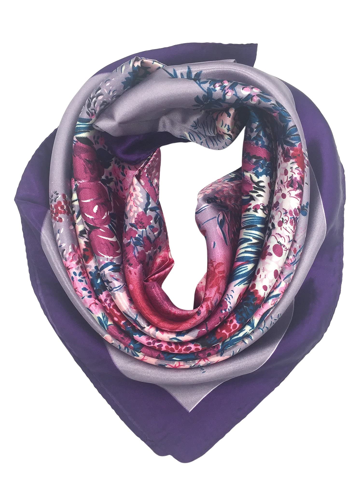 YOUR SMILE Polyester Scarf Women’s Fashion Pattern Purple Flower Large Square Satin Headscarf 35''x35'' (807)