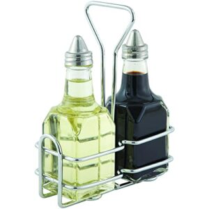 winco g-104s, 5.4'' x 2.6'' oil and vinegar cruet set with stainless steel chrome plated rack and two 6 oz. square glass bottles, salad dressing bottles