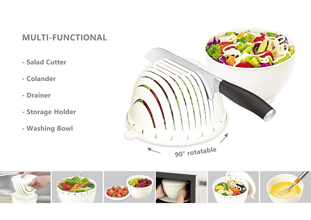 Fantasee Easy Fruit Vegetable Salad Cutter Bowl, Multi-Function Kitchen Colander Strainer Double Layered Rotatable