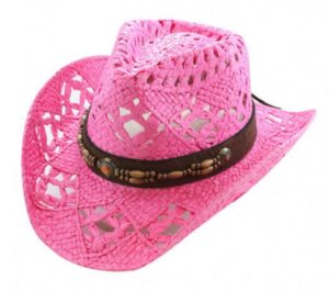 vamuss straw cowboy hat w/vegan leather band & beads, shapeable brim (fuchsia)