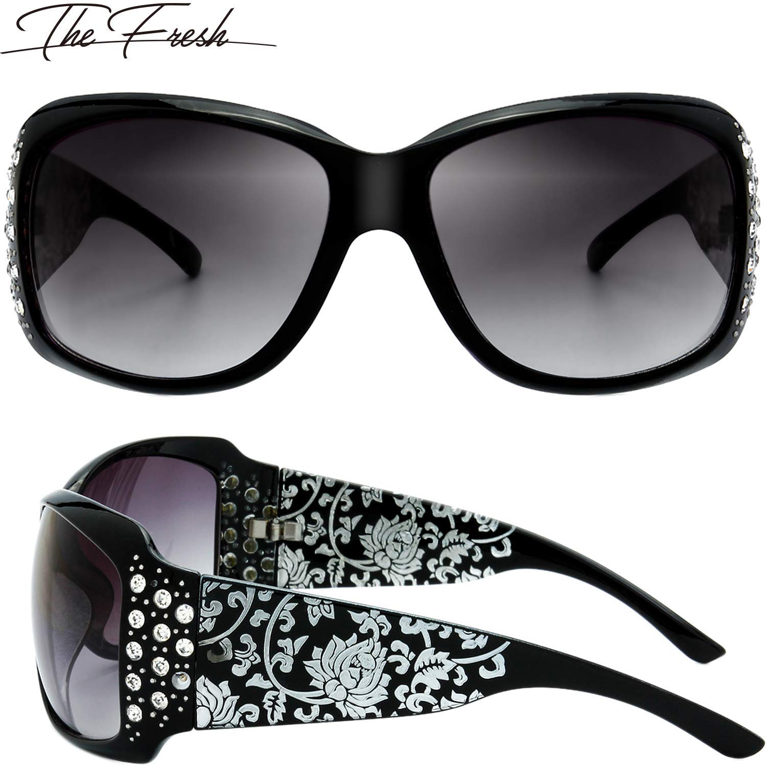 The Fresh Trendy Classic Women Hot Fashion Rhinestones Sunglasses with Gift Box (L702-Crystal Black/Floral Eyewear, Grey Gradient)