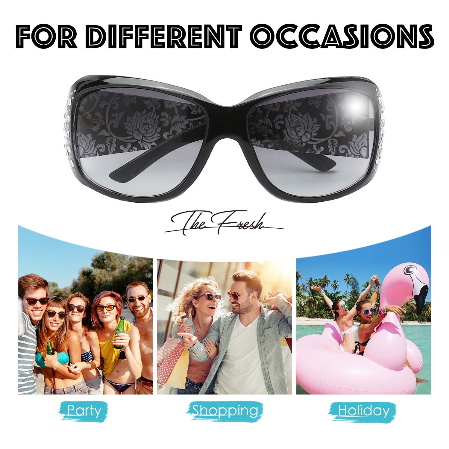 The Fresh Trendy Classic Women Hot Fashion Rhinestones Sunglasses with Gift Box (L702-Crystal Black/Floral Eyewear, Grey Gradient)