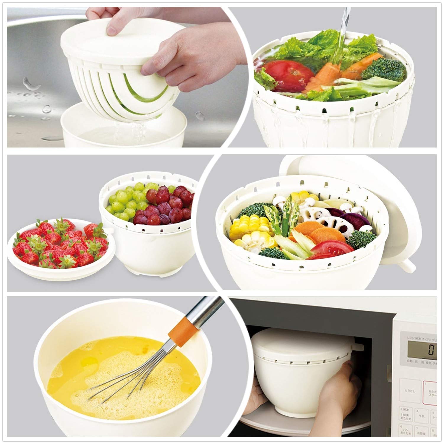 Fantasee Easy Fruit Vegetable Salad Cutter Bowl, Multi-Function Kitchen Colander Strainer Double Layered Rotatable