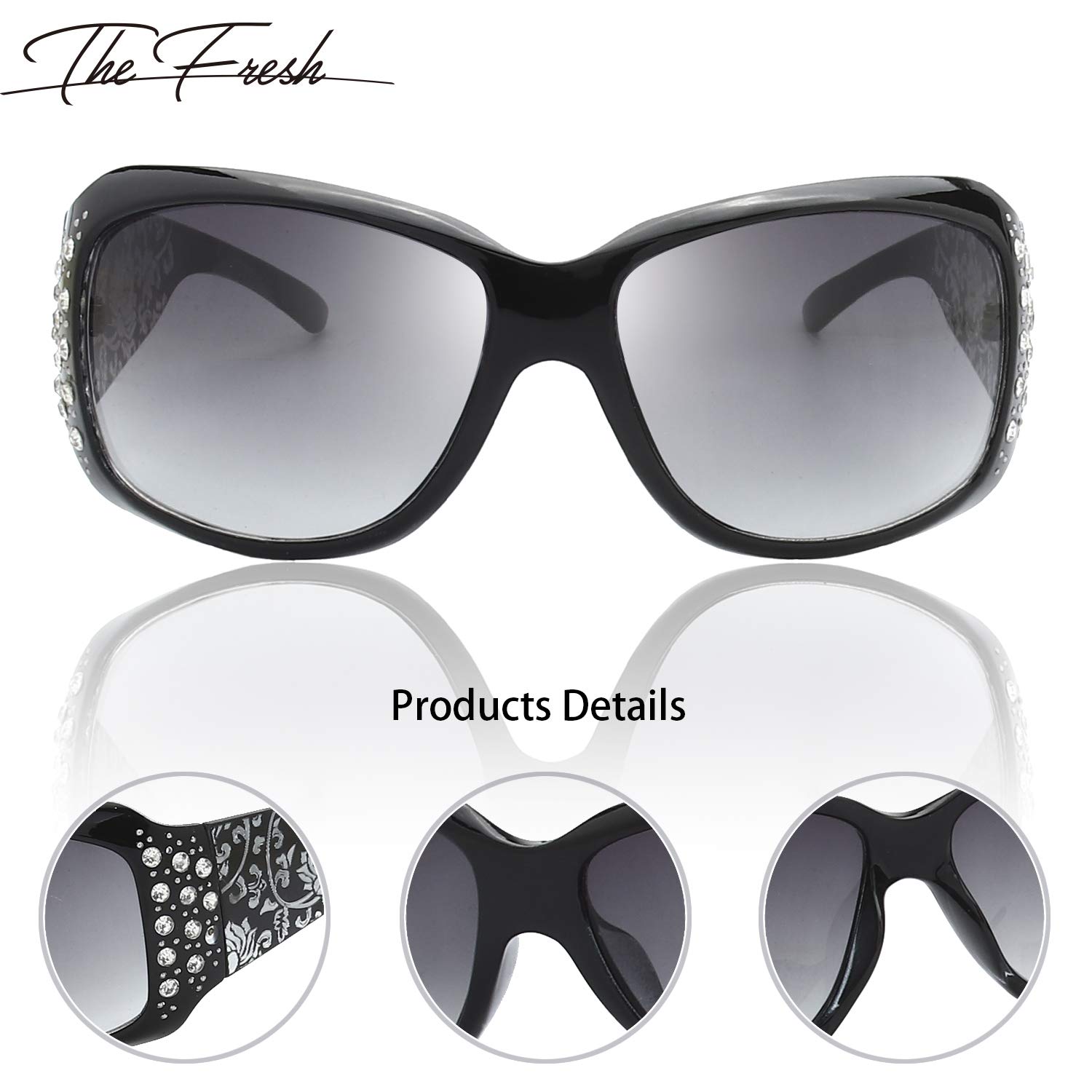 The Fresh Trendy Classic Women Hot Fashion Rhinestones Sunglasses with Gift Box (L702-Crystal Black/Floral Eyewear, Grey Gradient)