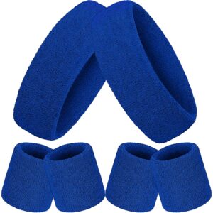 bememo striped sweatbands set - 2 sports headbands and 4 wristbands for men and women (blue, 6 pieces)