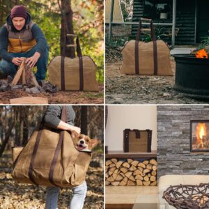 MYFIREPLACEDIRECT Waxed Canvas Log Carrier Tote Bag, Extra Large Durable Firewood Holder with Handles and Shoulder Strap, Heavy Duty Wood Carrying Bag for Fireplaces & Wood Stoves Khaki