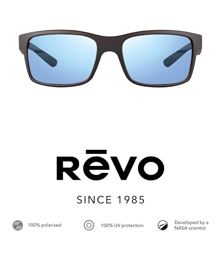 Revo Sunglasses Crawler XL: Polarized Performance Rectangle Sport Wrap Frame, Matte Black Frame with Blue Water Lens