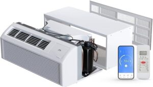 cooper&hunter 9,000 btu ptac packaged terminal a/c with heat pump (r32 refrigerant) and 3.5 kw electric heater including wireless smart kit, remote controller, and a power cord sleeve/grille included