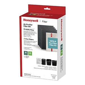 honeywell hepa air purifier filter kit – includes 1 hepa r replacement filter and 4 a carbon pre-cut pre-filters – airborne allergen air filter targets wildfire/smoke, pollen, pet dander, and dust