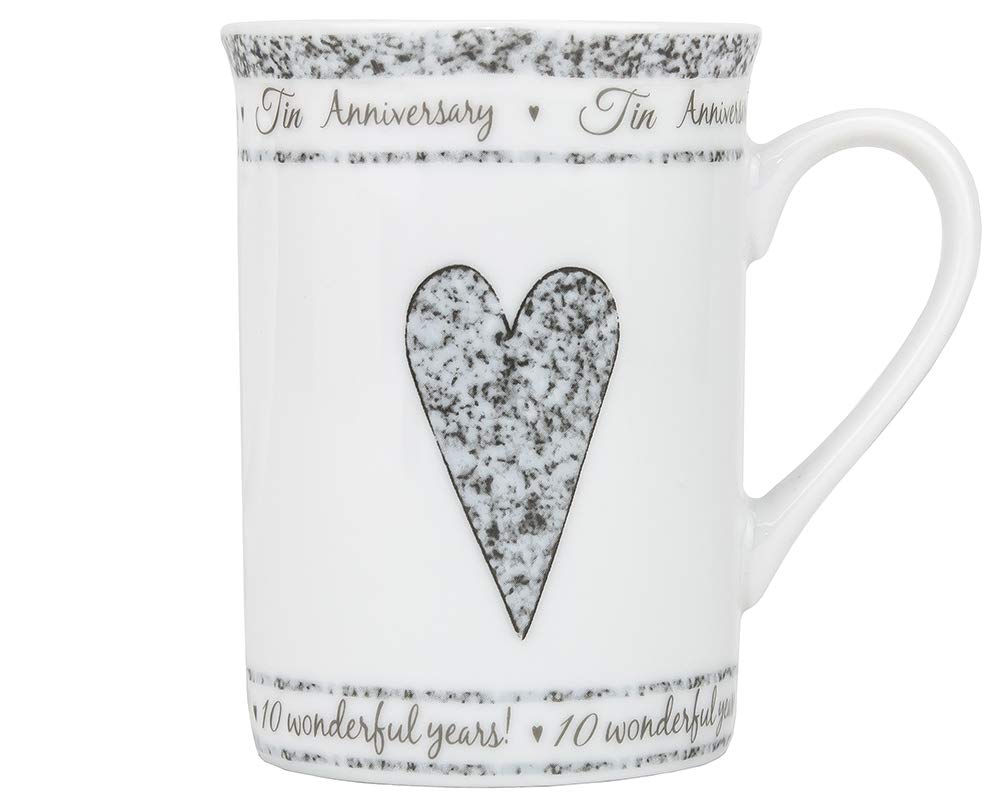 Beautifully Designed 10th Tin Wedding Anniversary Set of Ceramic Mugs with Hearts | Dishwasher and Microwave Safe with Decorative Keepsake Box