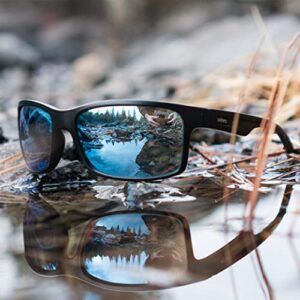 Revo Sunglasses Crawler XL: Polarized Performance Rectangle Sport Wrap Frame, Matte Black Frame with Blue Water Lens