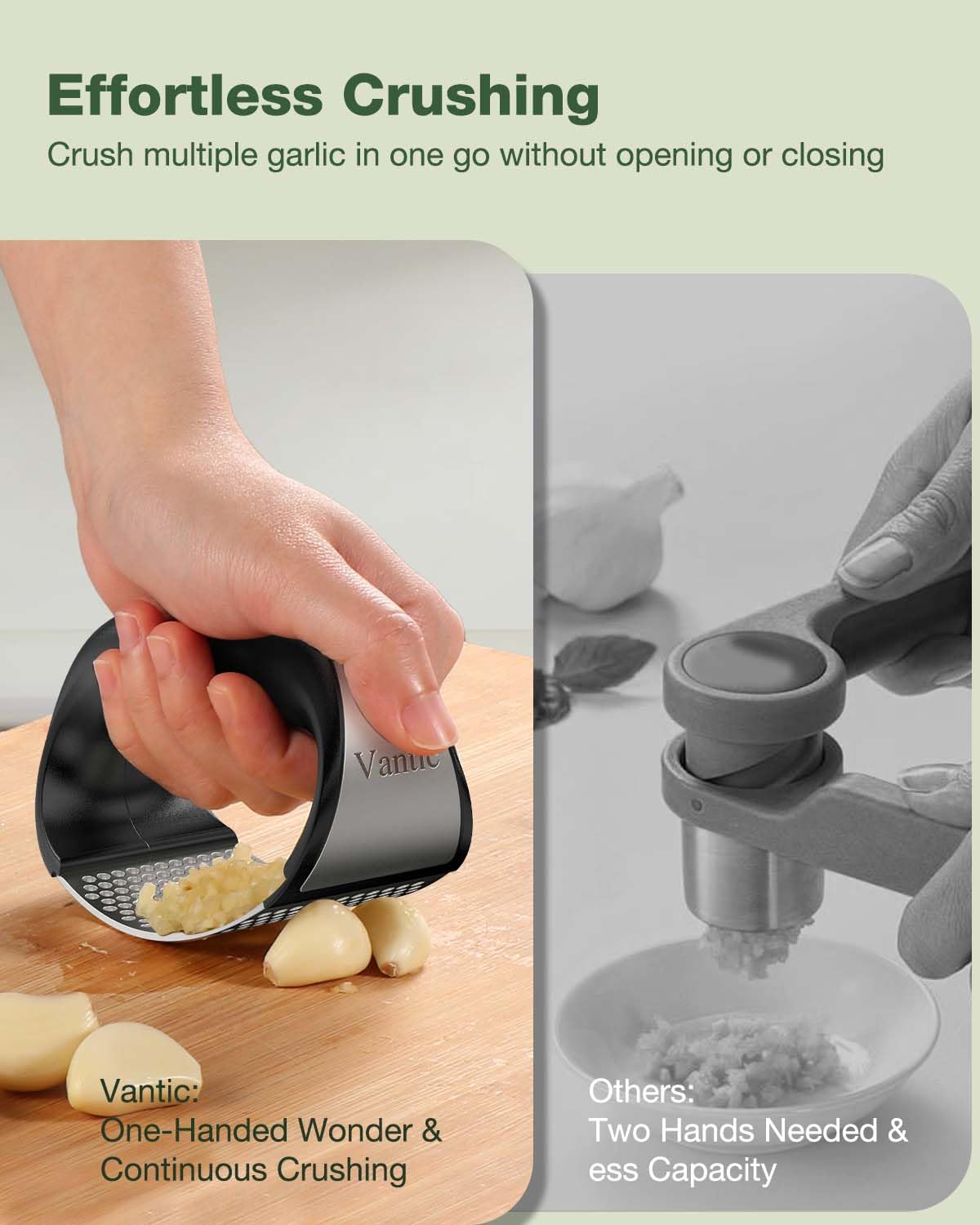 Vantic Garlic Press Rocker - Stainless Steel Garlic Mincer Garlic Crusher, New Innovative Garlic Chopper with Peeler and Scraper for Smash Garlic