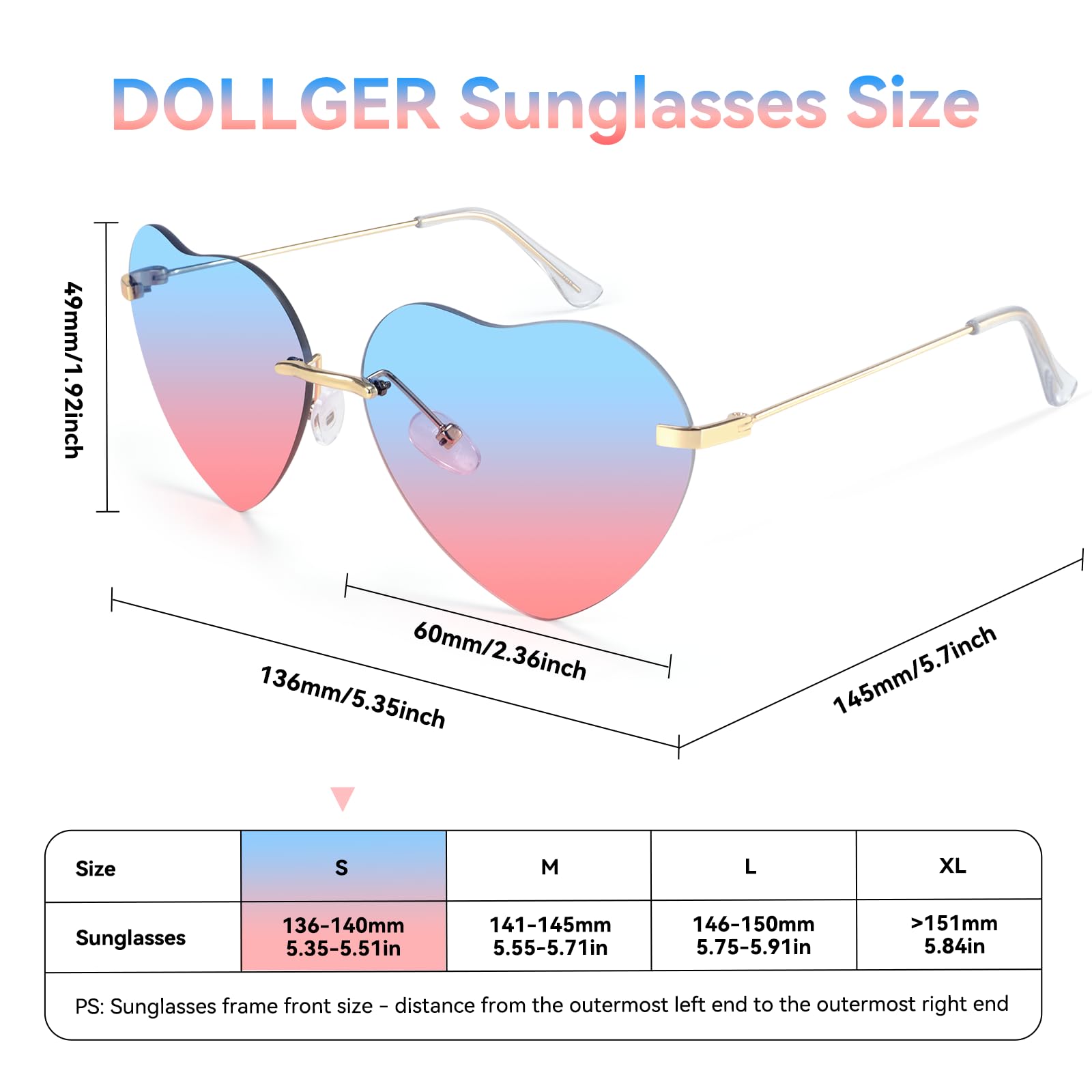 Dollger Heart Sunglasses for Women Cute Rave Heart Glasses Metal Frame Lovely Heart Style Blue and Pink lens