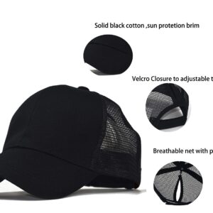 Solid Ponytail Hat Baseball Cap Cotton Mesh High Bun Pony Cap Women 56-58cm (22"-23") (Black_and_Grey_2pcs, Adjustable, m)