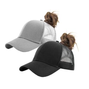 solid ponytail hat baseball cap cotton mesh high bun pony cap women 56-58cm (22"-23") (black_and_grey_2pcs, adjustable, m)