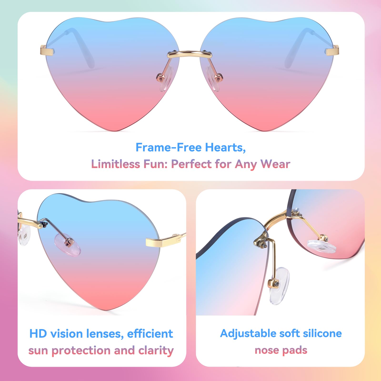 Dollger Heart Sunglasses for Women Cute Rave Heart Glasses Metal Frame Lovely Heart Style Blue and Pink lens