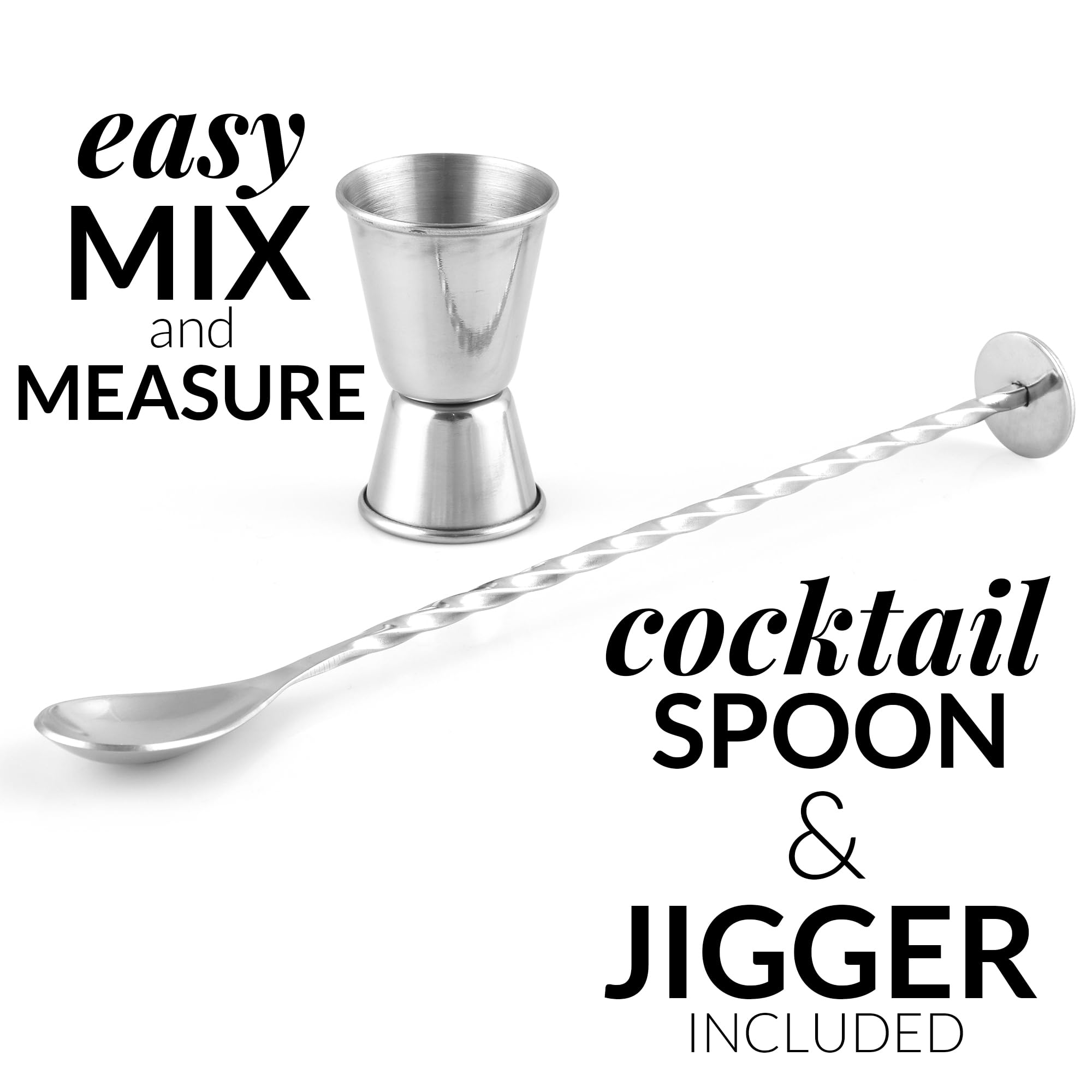 Zulay Kitchen Large 24 oz Stainless Steel Cocktail Shaker Set - Mixed Drink Shaker - Martini Shaker Set with Built in Strainer, Double Sided Jigger & Combo Muddler Mixing Spoon - Pro Margarita Shaker