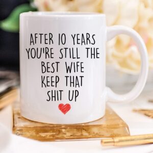 YouNique Designs 10 Year Anniversary Coffee Mug for Her, 11 Ounces, 10 Year Anniversary Mugs for Wife Her Couples, 10th Wedding Anniversary Cup for Wife, Ten Years Tin, Tenth Year, 10th Year