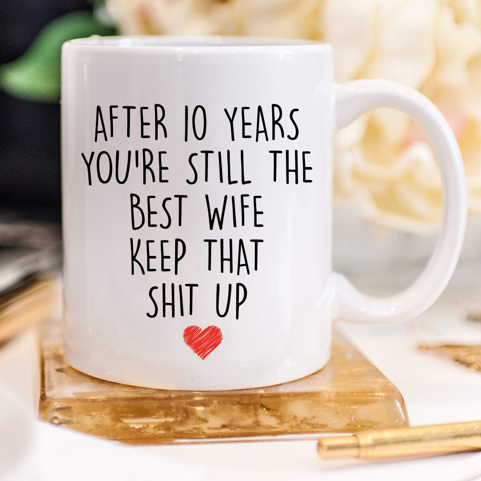 YouNique Designs 10 Year Anniversary Coffee Mug for Her, 11 Ounces, 10 Year Anniversary Mugs for Wife Her Couples, 10th Wedding Anniversary Cup for Wife, Ten Years Tin, Tenth Year, 10th Year