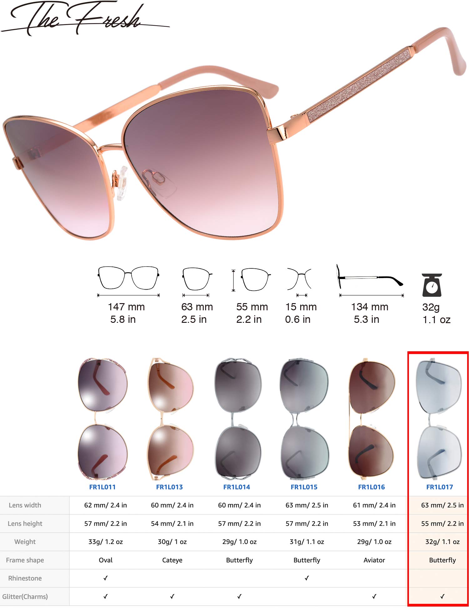 The Fresh Classic Crystal Elegant Women Beauty Design Sunglasses Gift Box (L173-Rose Gold, Brown/Pink)