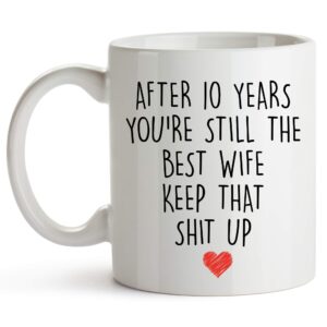 younique designs 10 year anniversary coffee mug for her, 11 ounces, 10 year anniversary mugs for wife her couples, 10th wedding anniversary cup for wife, ten years tin, tenth year, 10th year