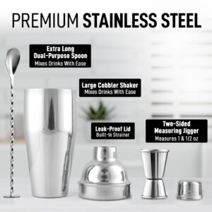 Zulay Kitchen Large 24 oz Stainless Steel Cocktail Shaker Set - Mixed Drink Shaker - Martini Shaker Set with Built in Strainer, Double Sided Jigger & Combo Muddler Mixing Spoon - Pro Margarita Shaker