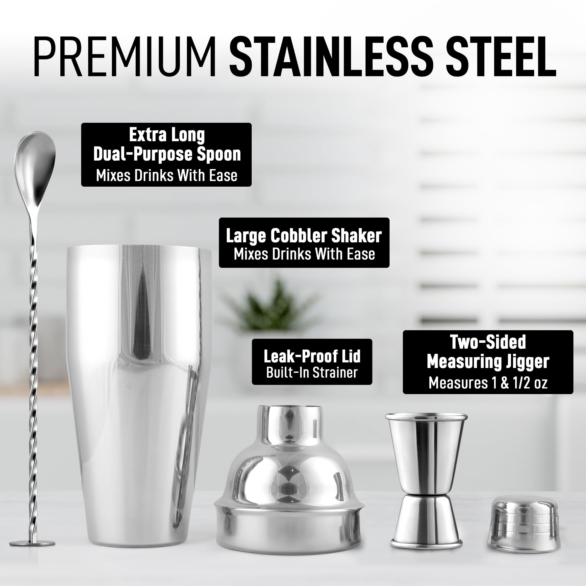 Zulay Kitchen Large 24 oz Stainless Steel Cocktail Shaker Set - Mixed Drink Shaker - Martini Shaker Set with Built in Strainer, Double Sided Jigger & Combo Muddler Mixing Spoon - Pro Margarita Shaker