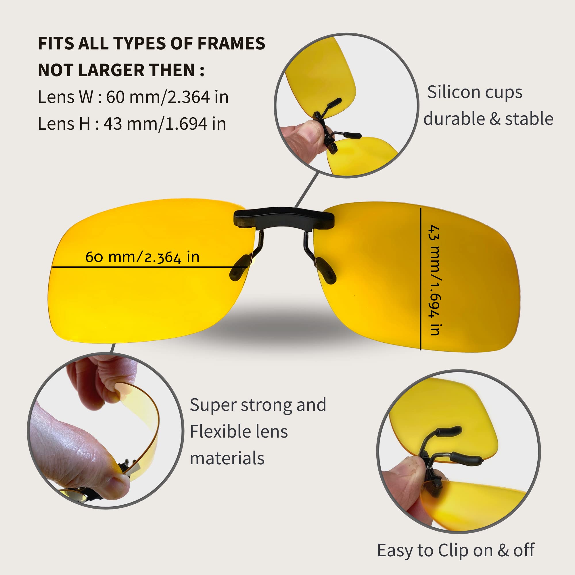 BLUE CUT Clip on Polarized Night Vision, Driving Sunglasses UV 400 Blocker To Wear Over Prescription Glasses